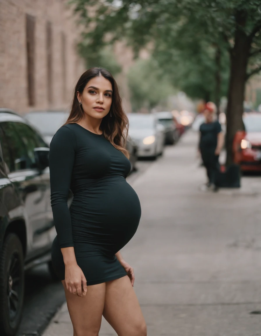 A pregnant woman in a black dress standing on the sidewalk - SeaArt AI
