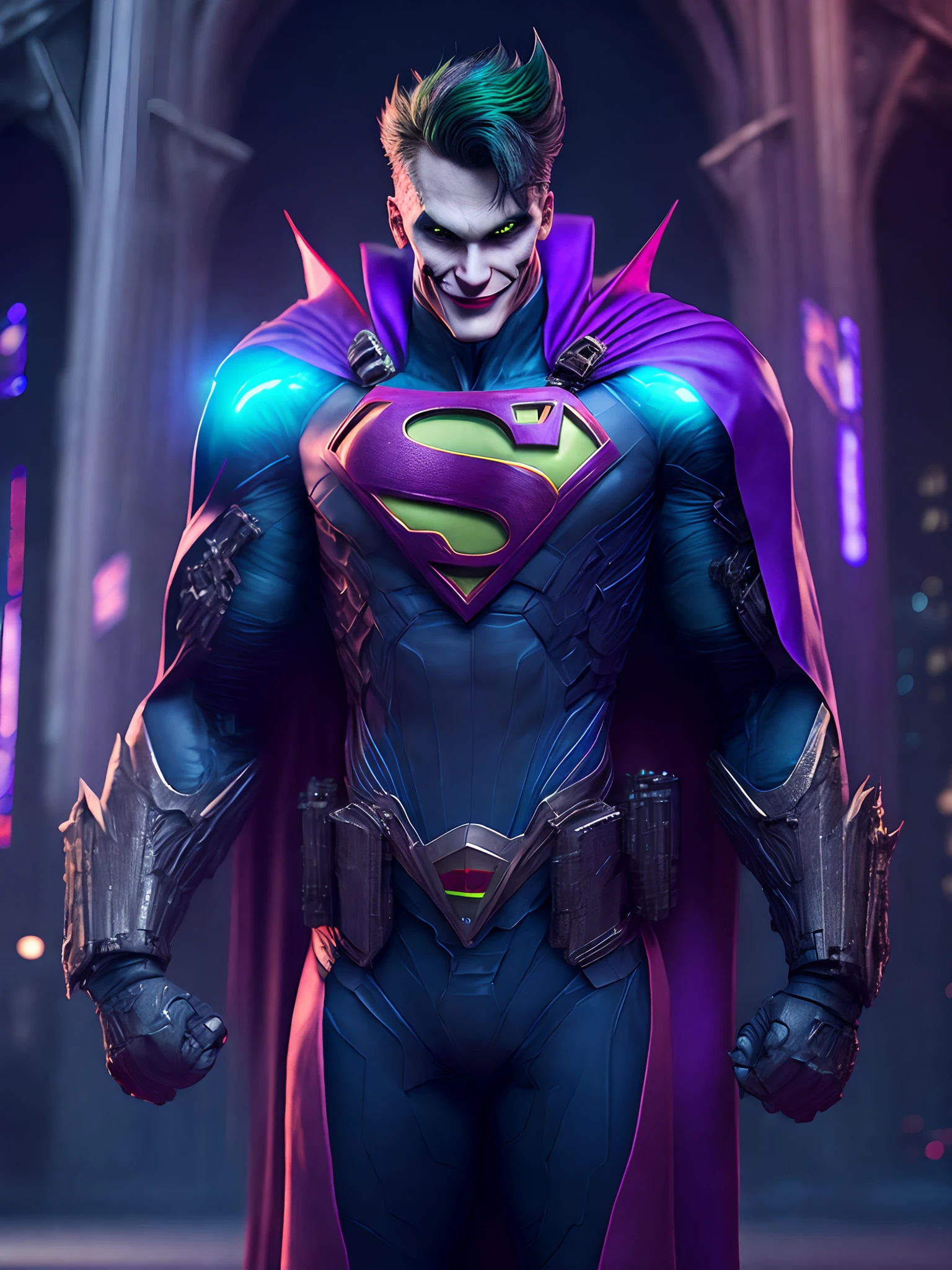 A close up of a man dressed as a superman standing in a dark room ...