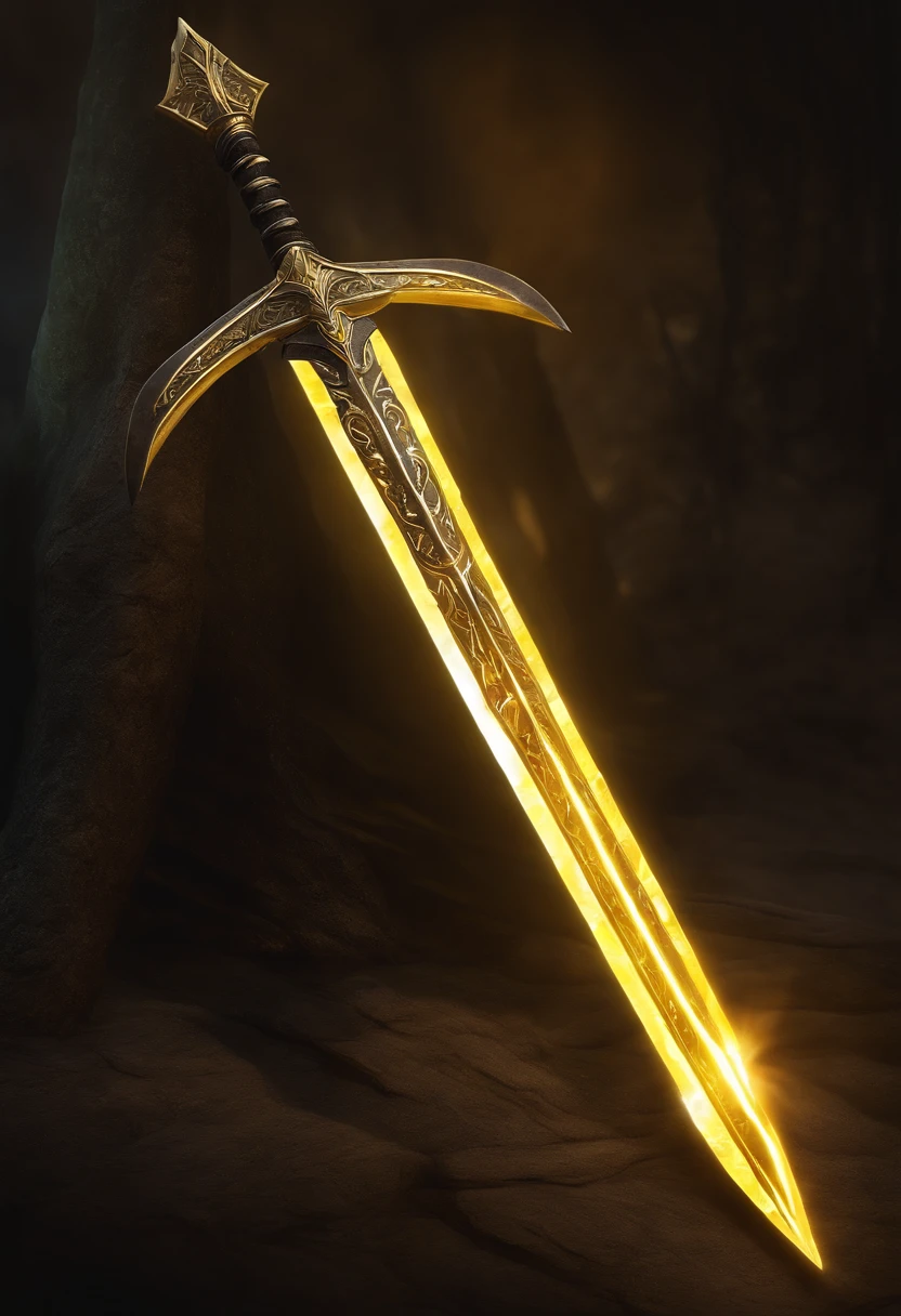 A close up of a sword with a gold handle on a dark background - SeaArt AI