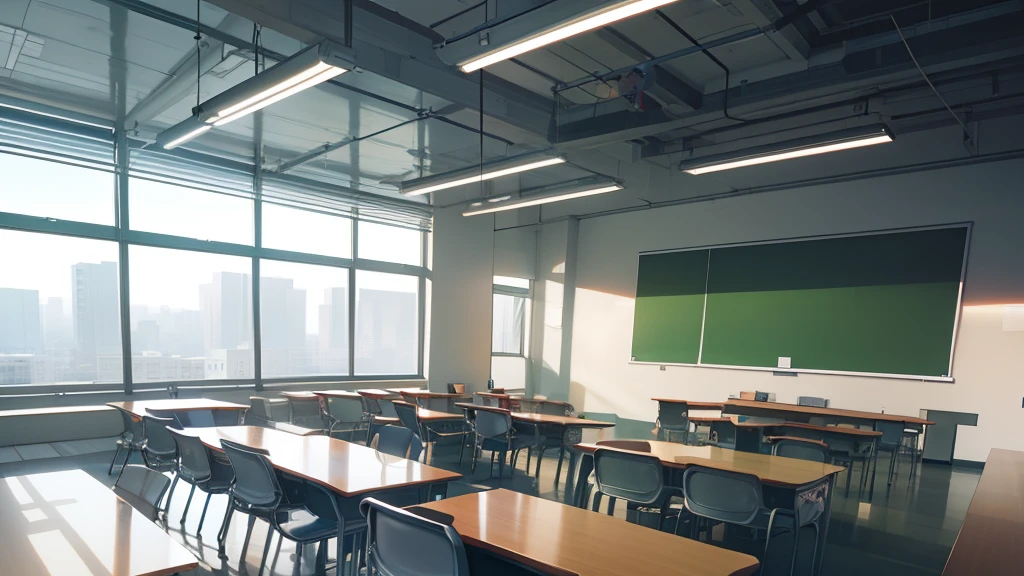There are many tables and chairs in a classroom with a blackboard ...