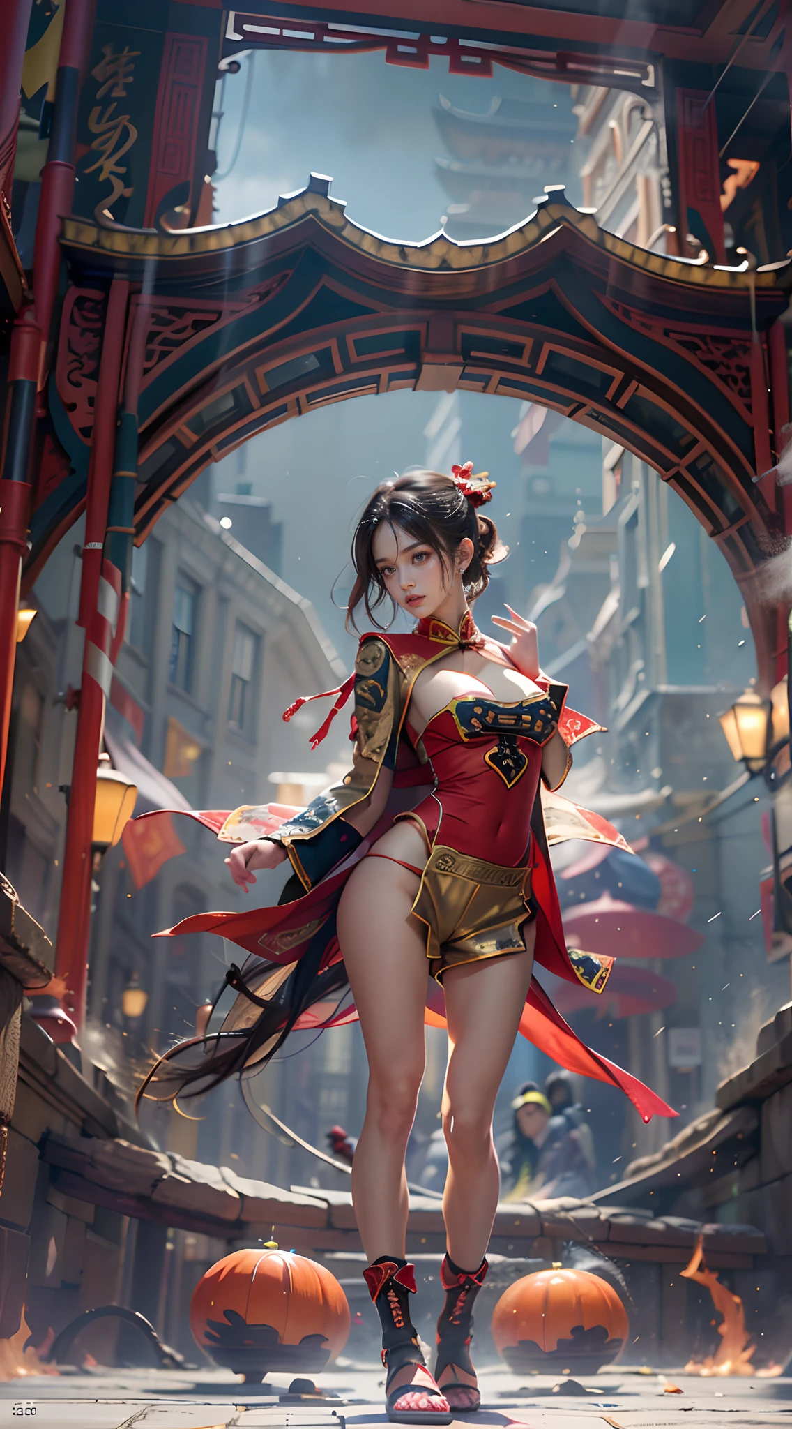 A woman in a red and gold outfit is standing in a courtyard - SeaArt AI