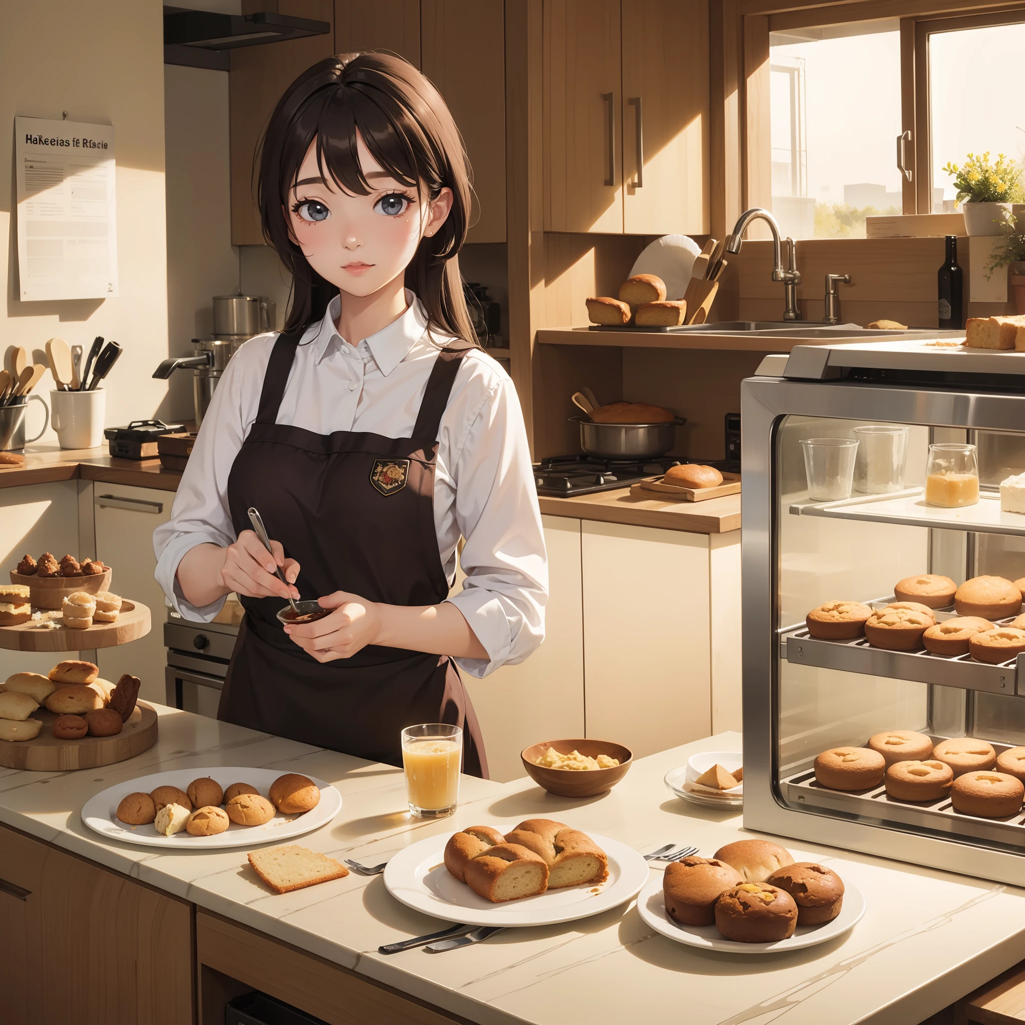 Anime girl in apron standing in front of counter with pastries - SeaArt AI