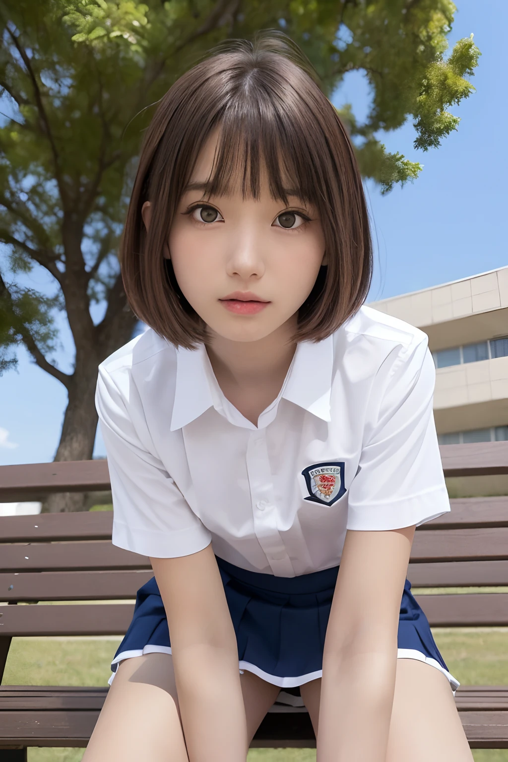 アジア人の女性が学校の制服を着て、ベンチに座っている Seaart Ai 