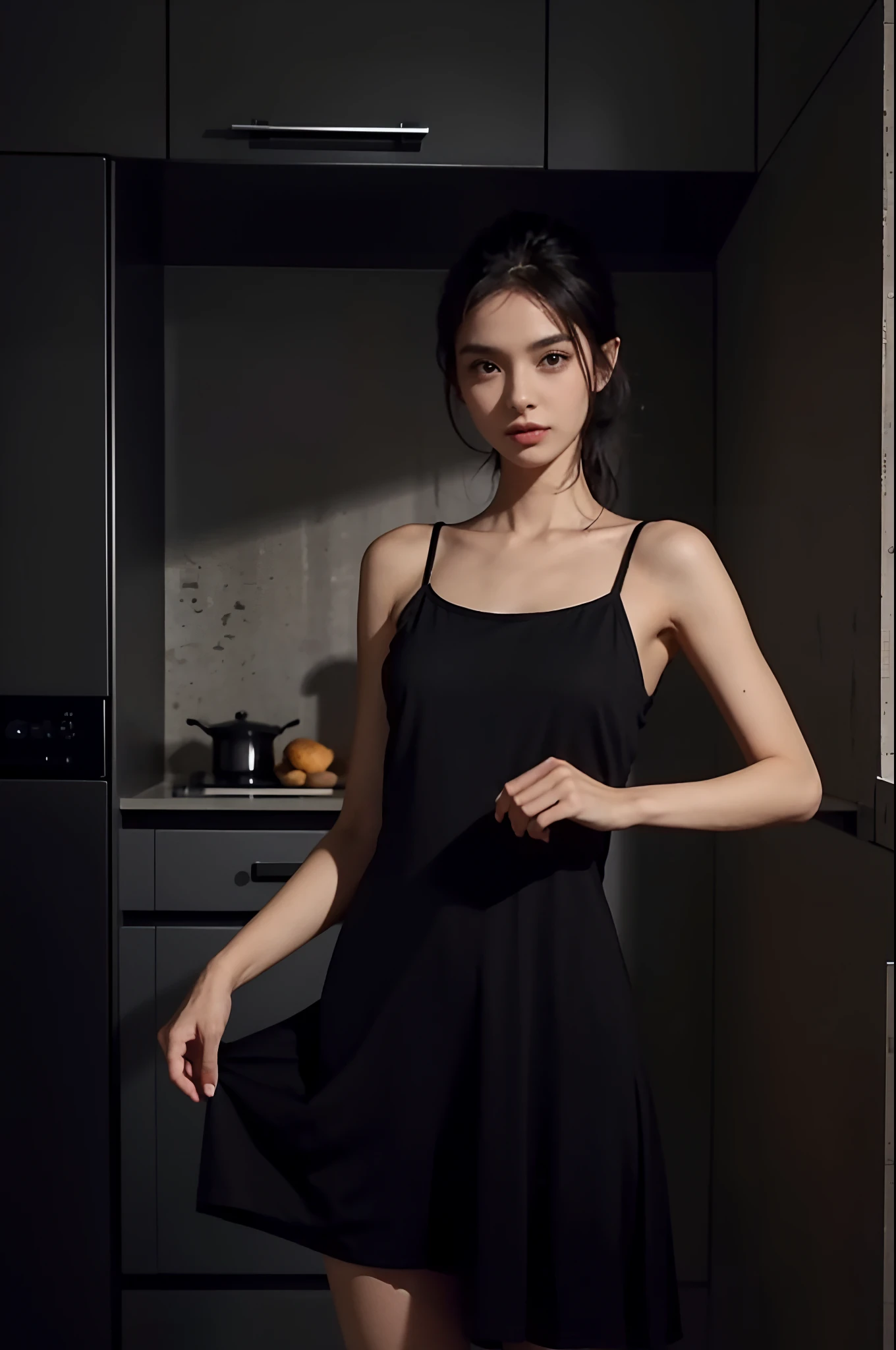 Arafed woman in a black dress standing in a kitchen - SeaArt AI