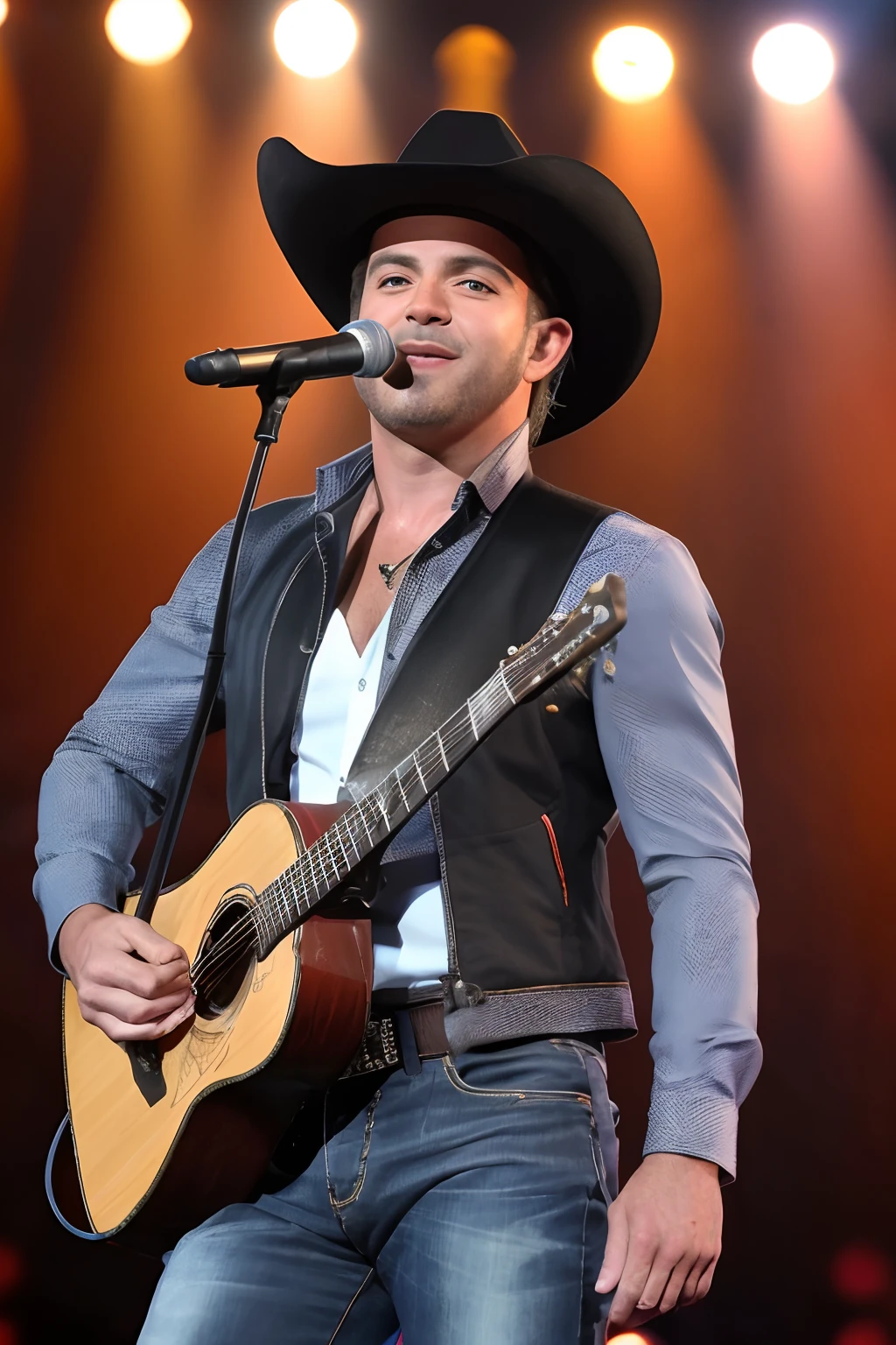 A man in a cowboy hat and vest playing a guitar - SeaArt AI