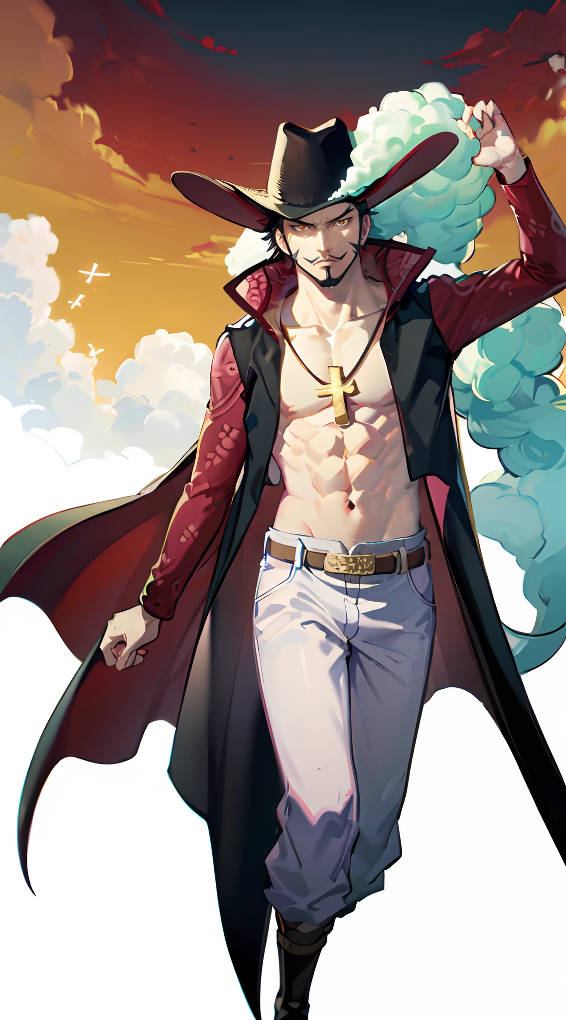 Anime guy with a hat and a cape holding a cloud - SeaArt AI