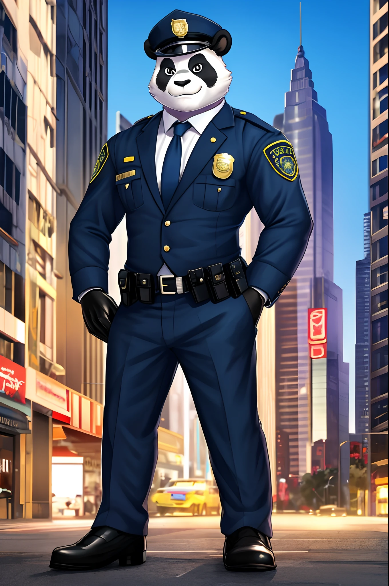 A close up of a cartoon panda police standing in a city - SeaArt AI