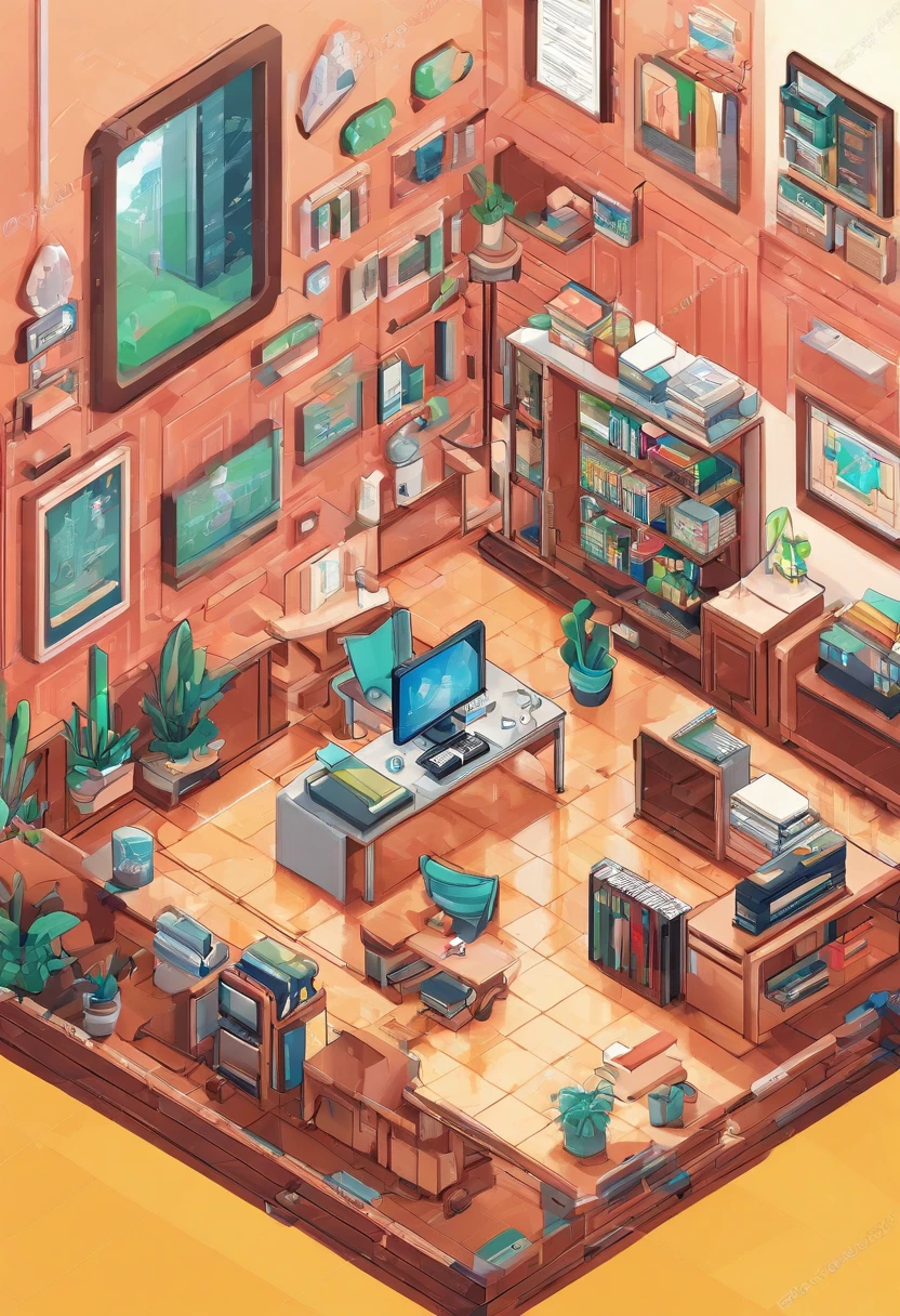 A cartoon illustration of a living room with a computer and a desk ...