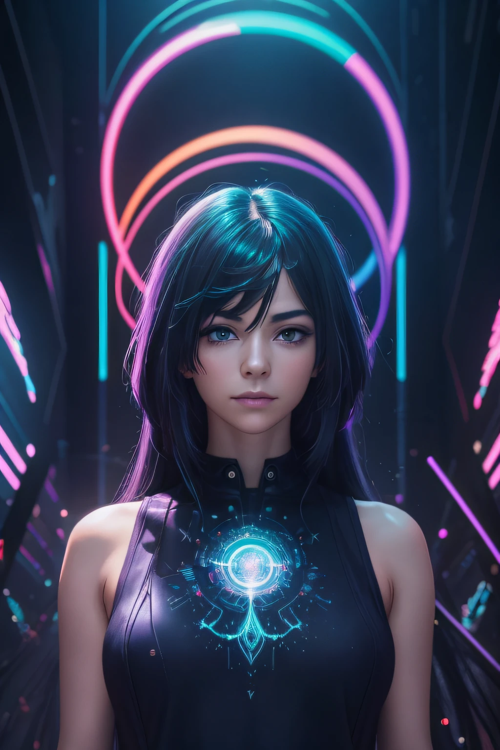 A woman in a futuristic outfit with a glowing halo above her head ...