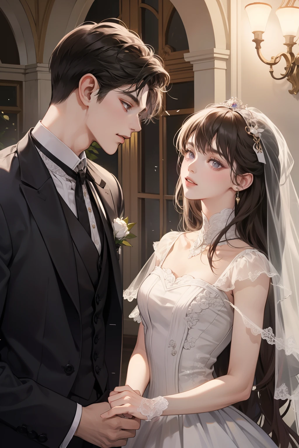 Anime wedding couple in a white dress and black suit - SeaArt AI
