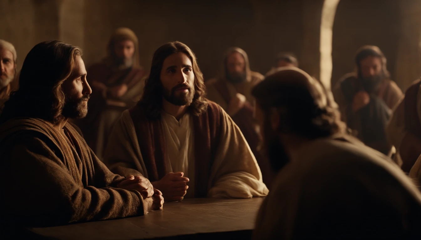 Jesus sitting at a table with other people in a room - SeaArt AI