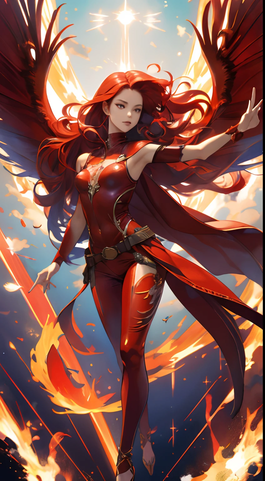 A woman with red hair and wings flying through the air - SeaArt AI