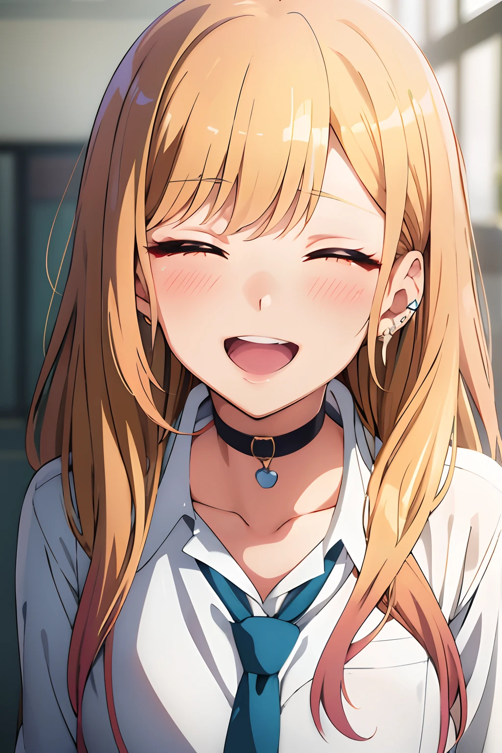 Anime girl with long blonde hair wearing a white shirt and blue tie ...