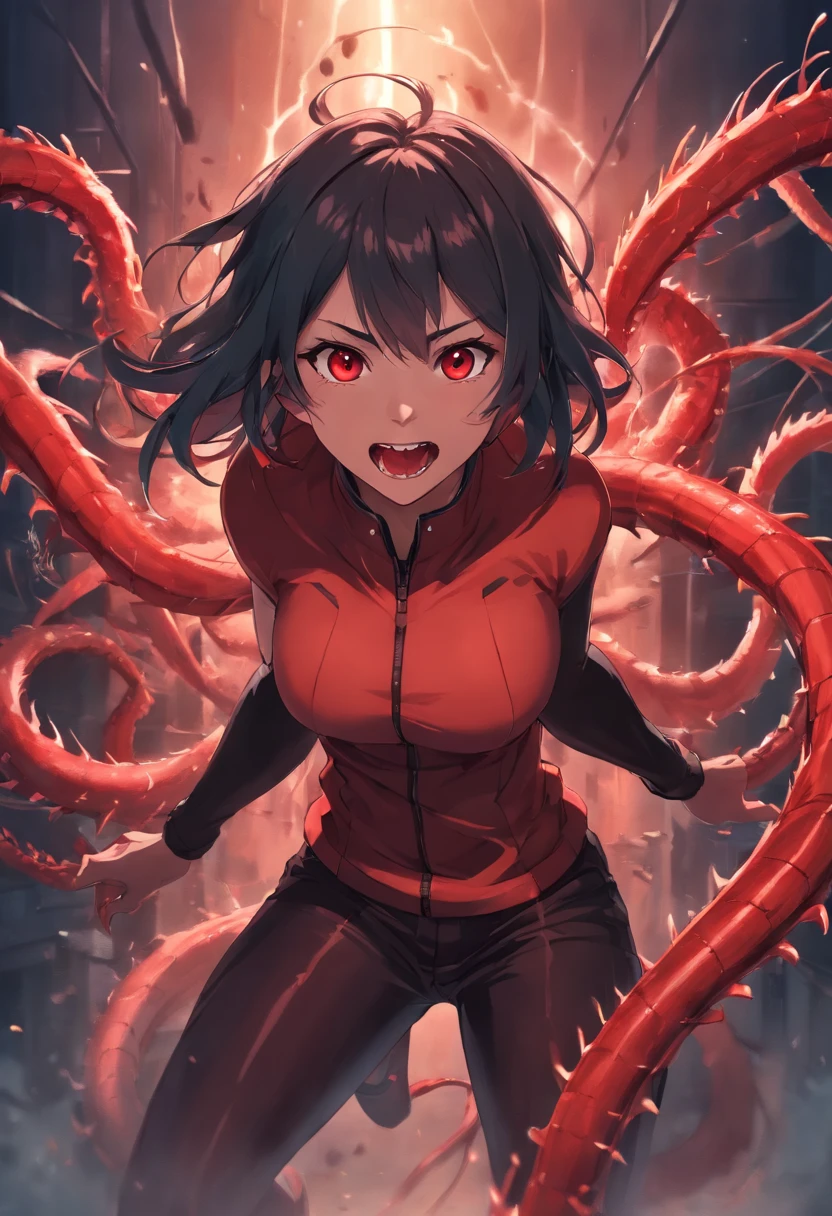 A woman in a red jacket and black pants holding a red dragon - SeaArt AI