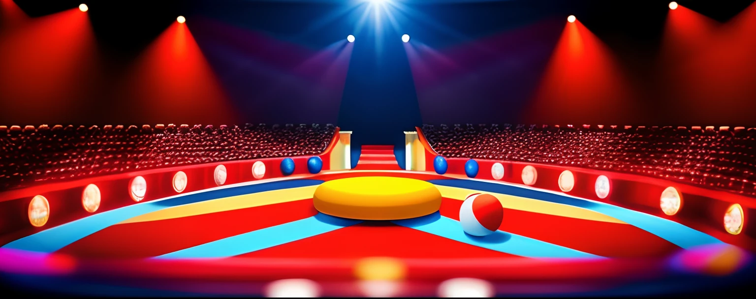 A brightly lit circus with a yellow ball and red seats - SeaArt AI
