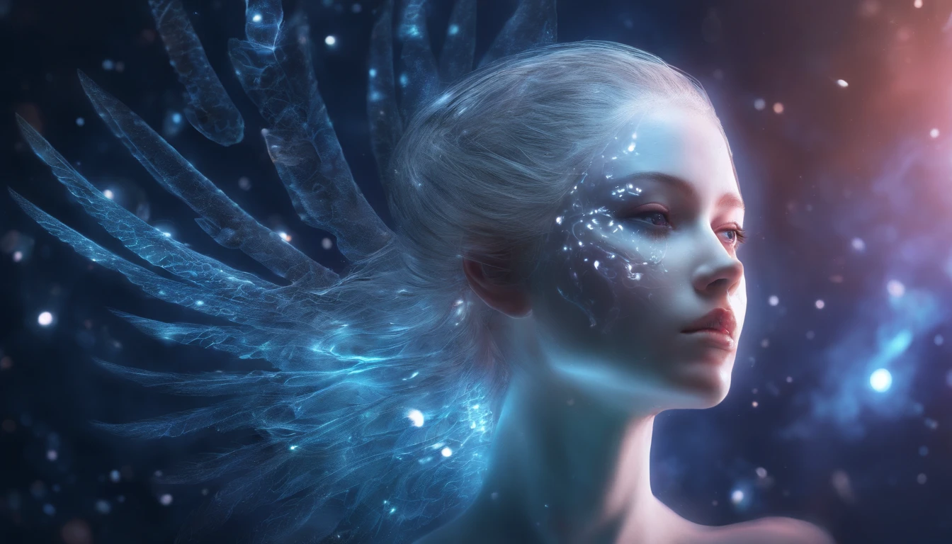 A woman with white hair and blue wings in the dark - SeaArt AI