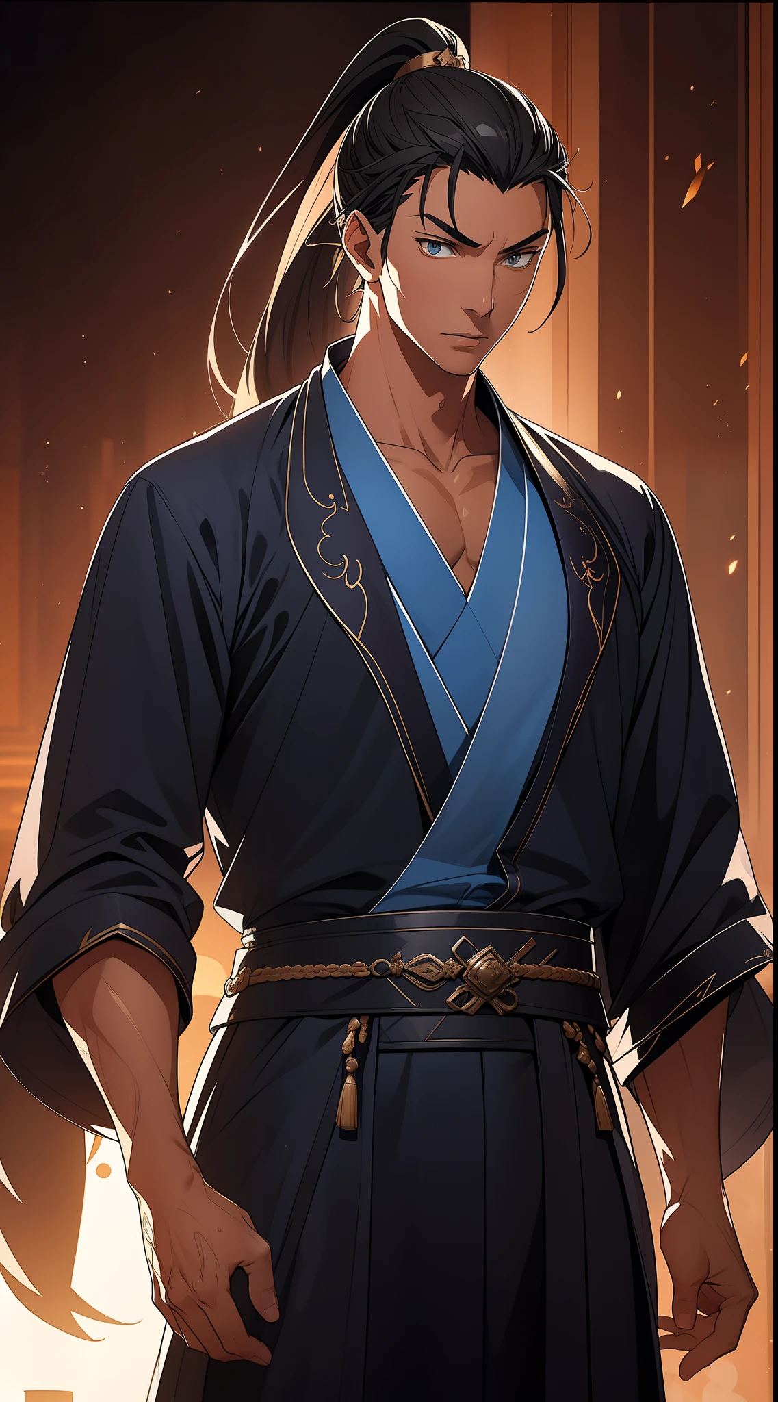 A close up of a man in a blue robe with a sword - SeaArt AI