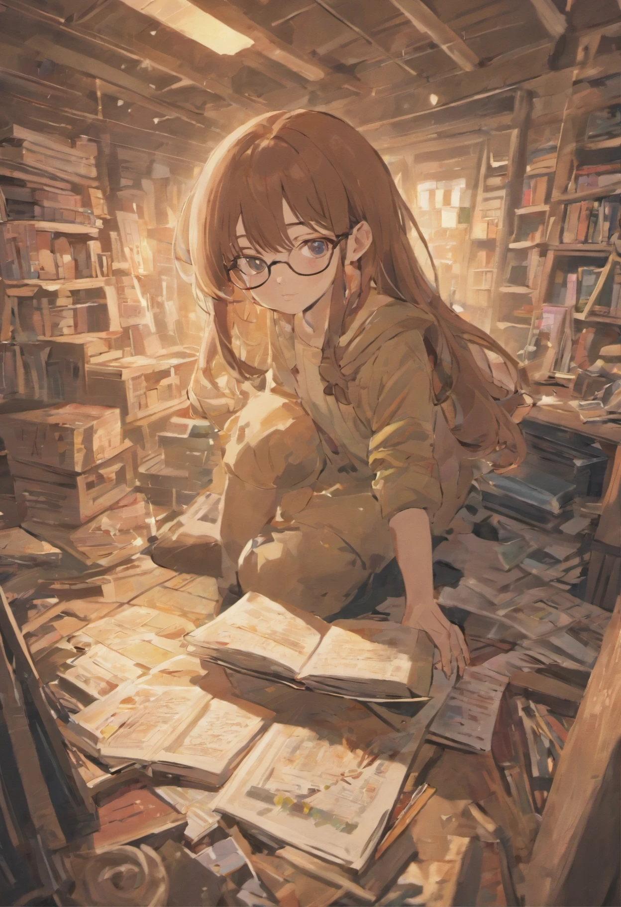 Anime girl reading a book in a library with lots of books - SeaArt AI