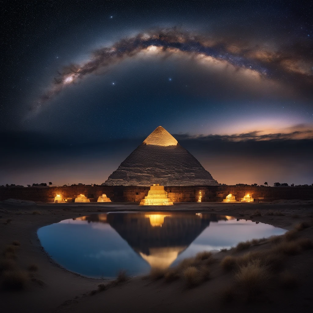 A large pyramid with a reflection of the sky in the water - SeaArt AI