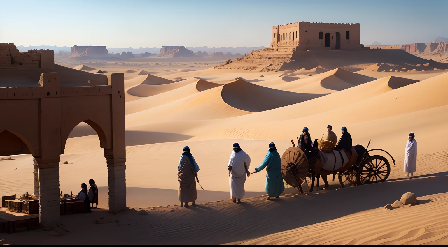 People are riding on horses in the desert with a building in the ...