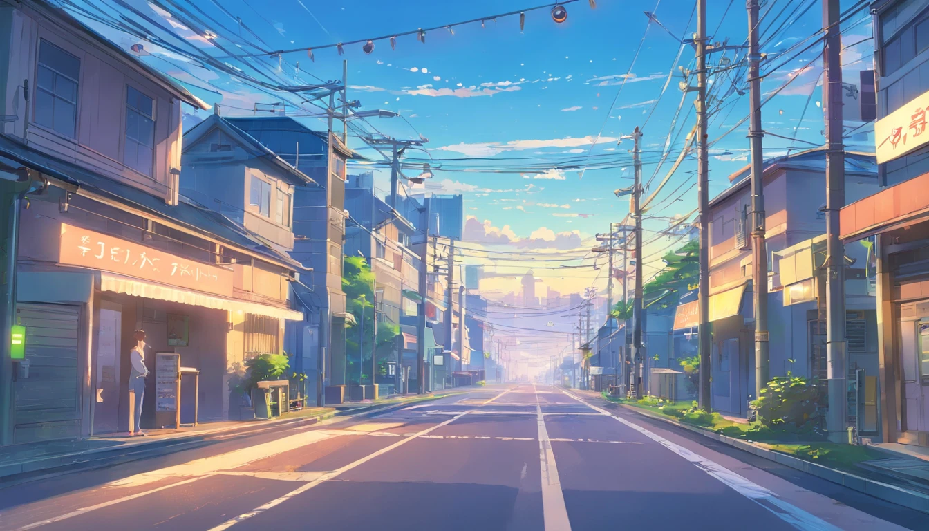 Anime city street with buildings and street lights in the distance ...