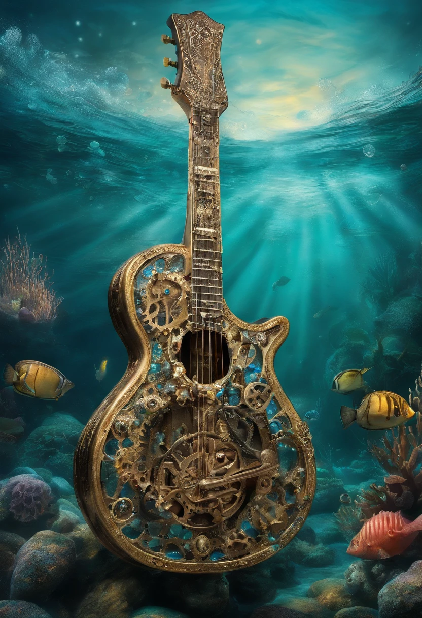 A close up of a guitar in a underwater scene with fish - SeaArt AI