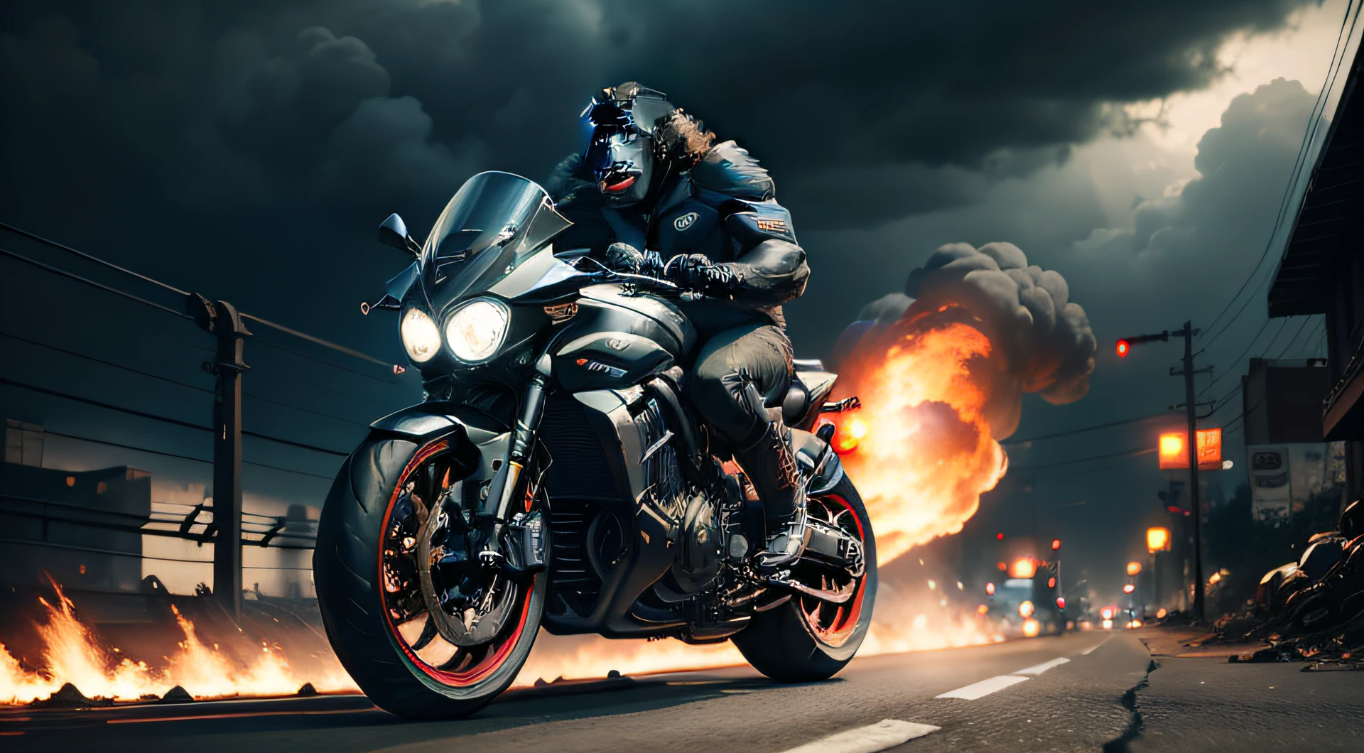 Arafed motorcycle rider on a city street with a fire in the background ...