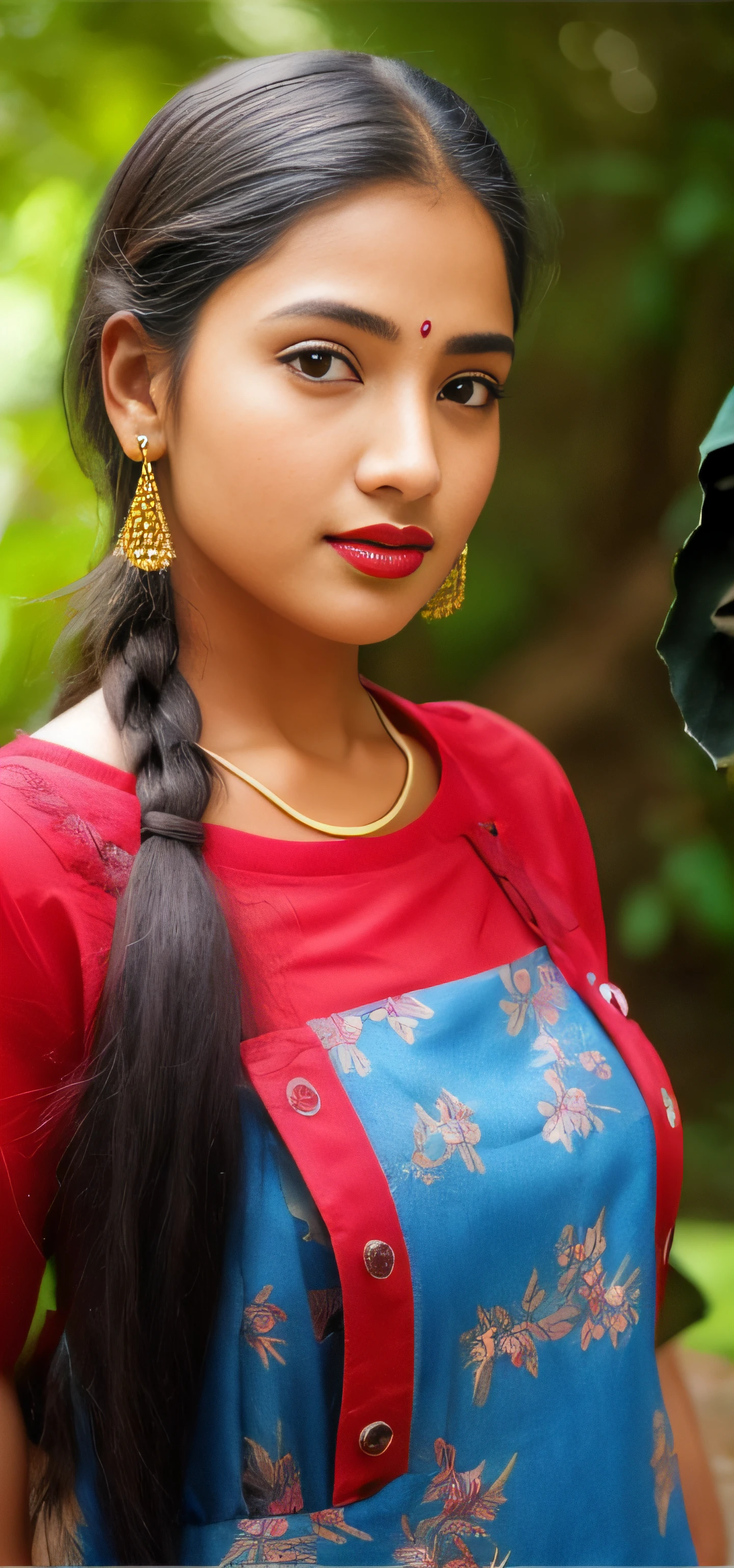 A close up of a woman with a red shirt and blue apron - SeaArt AI