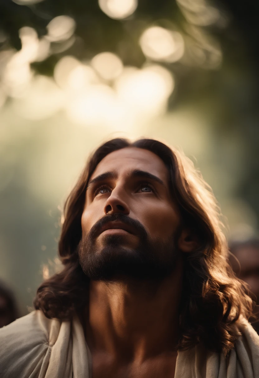Jesus looking up at the sky with his head turned to the side - SeaArt AI