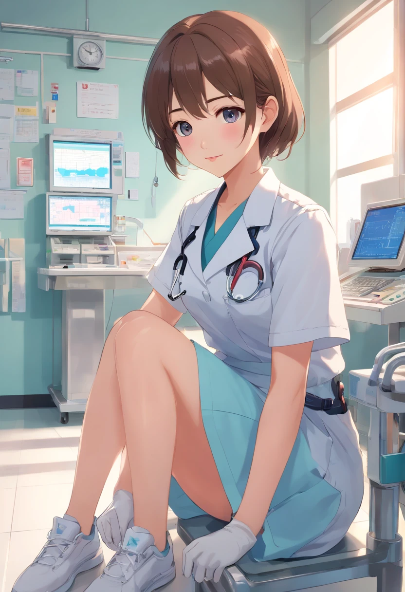 Anime girl sitting on a chair in a hospital room - SeaArt AI