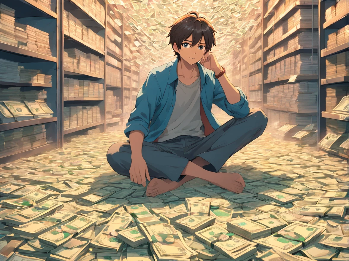 Anime boy sitting on the floor in a library with stacks of money ...