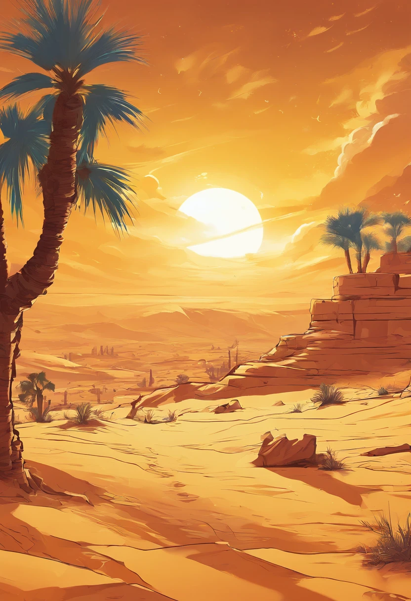 A cartoon desert scene with palm trees and a desert landscape - SeaArt AI