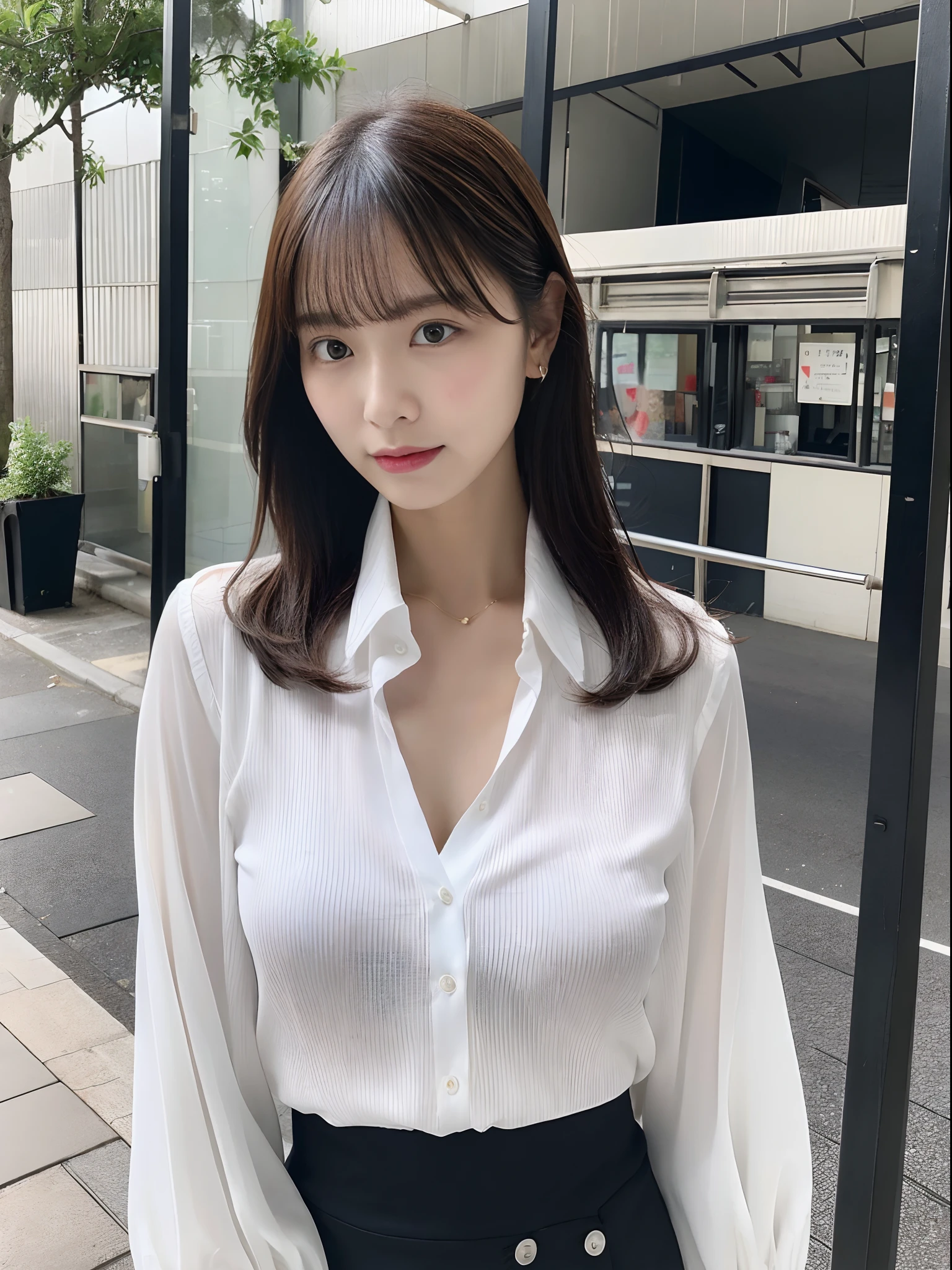 A woman in a white shirt and black skirt standing on a street - SeaArt AI