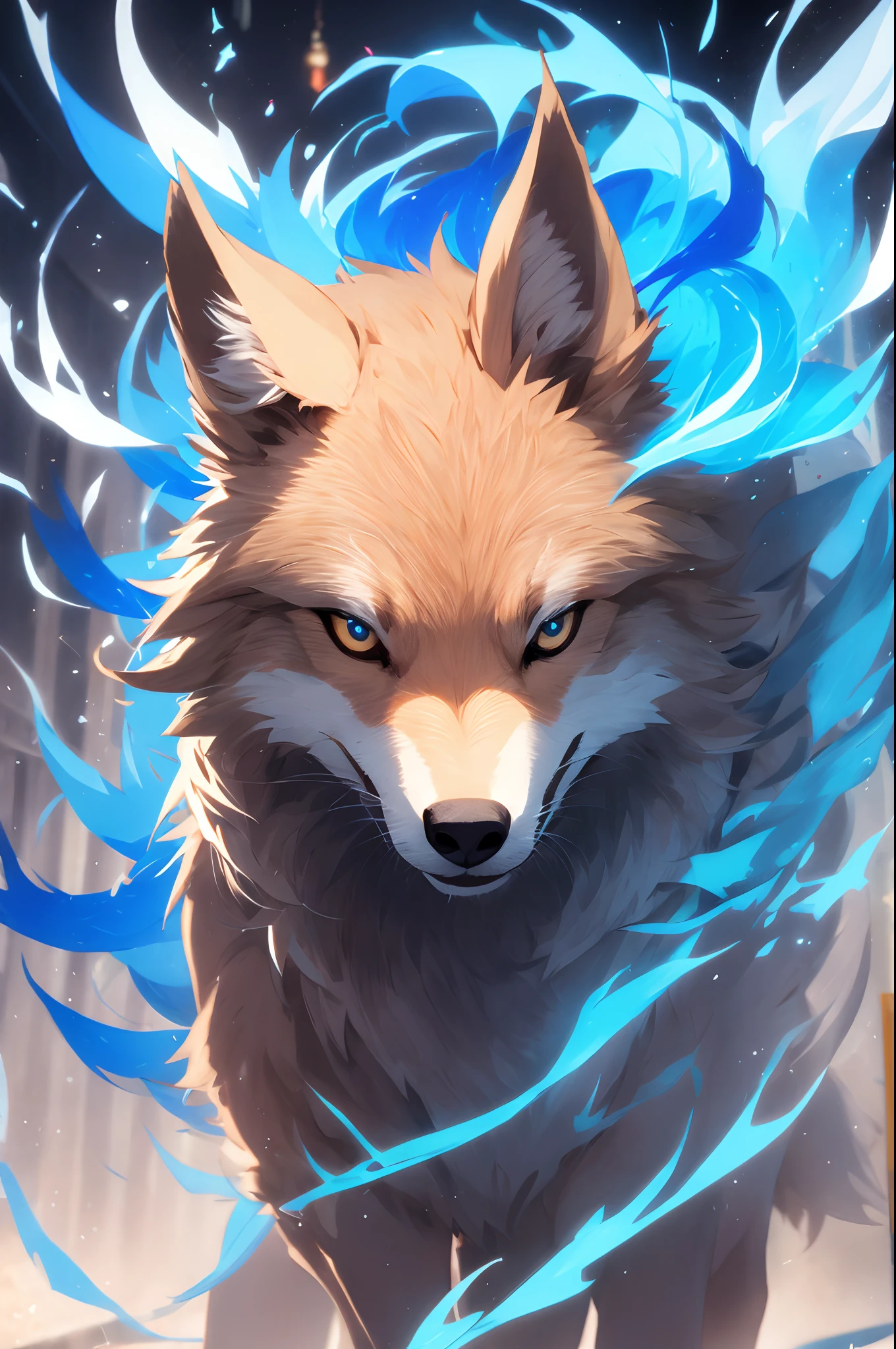 Anime wolf with blue eyes and a blue swirl around its neck - SeaArt AI