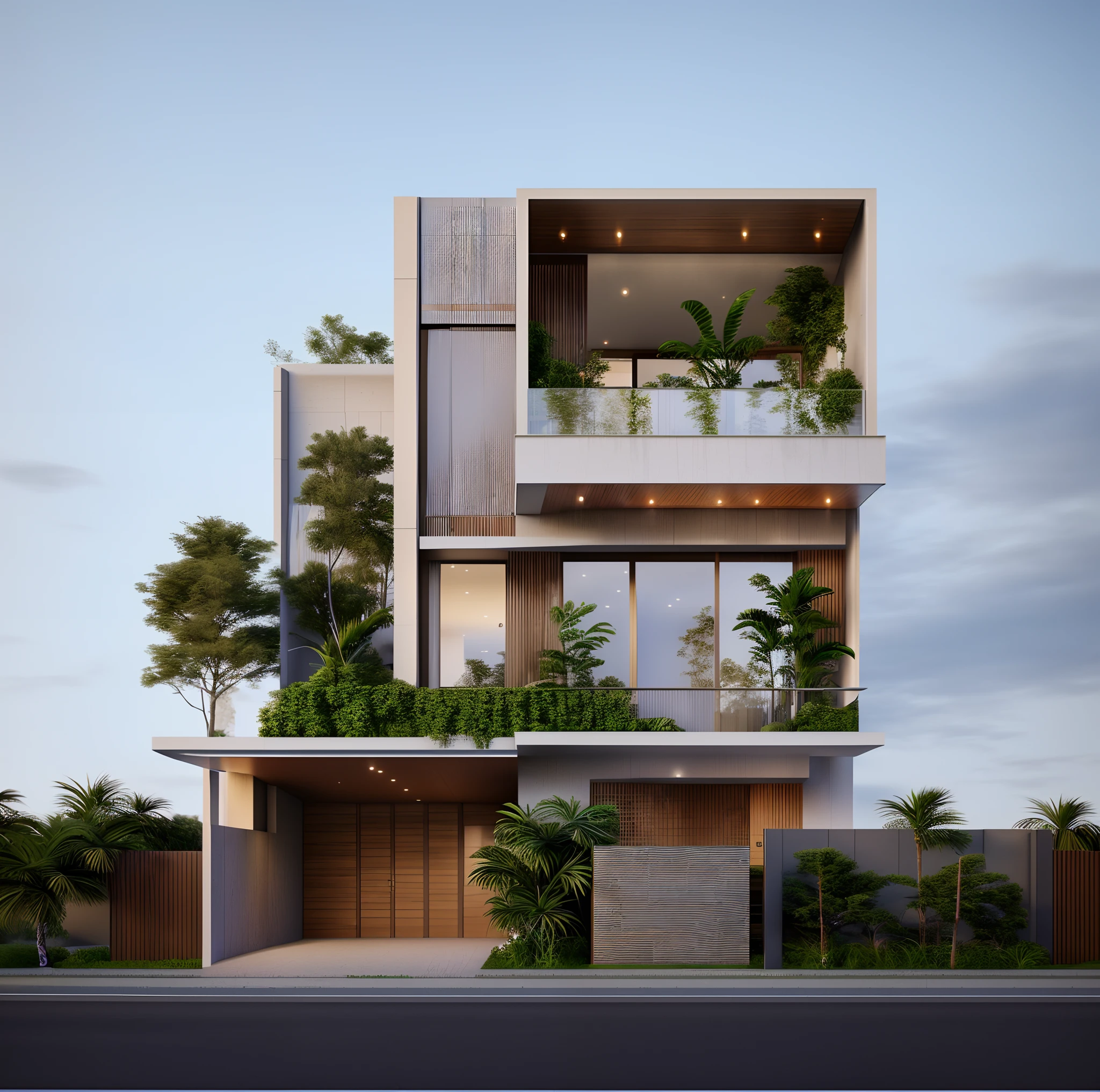 A rendering of a modern house with a lot of plants on the balcony ...