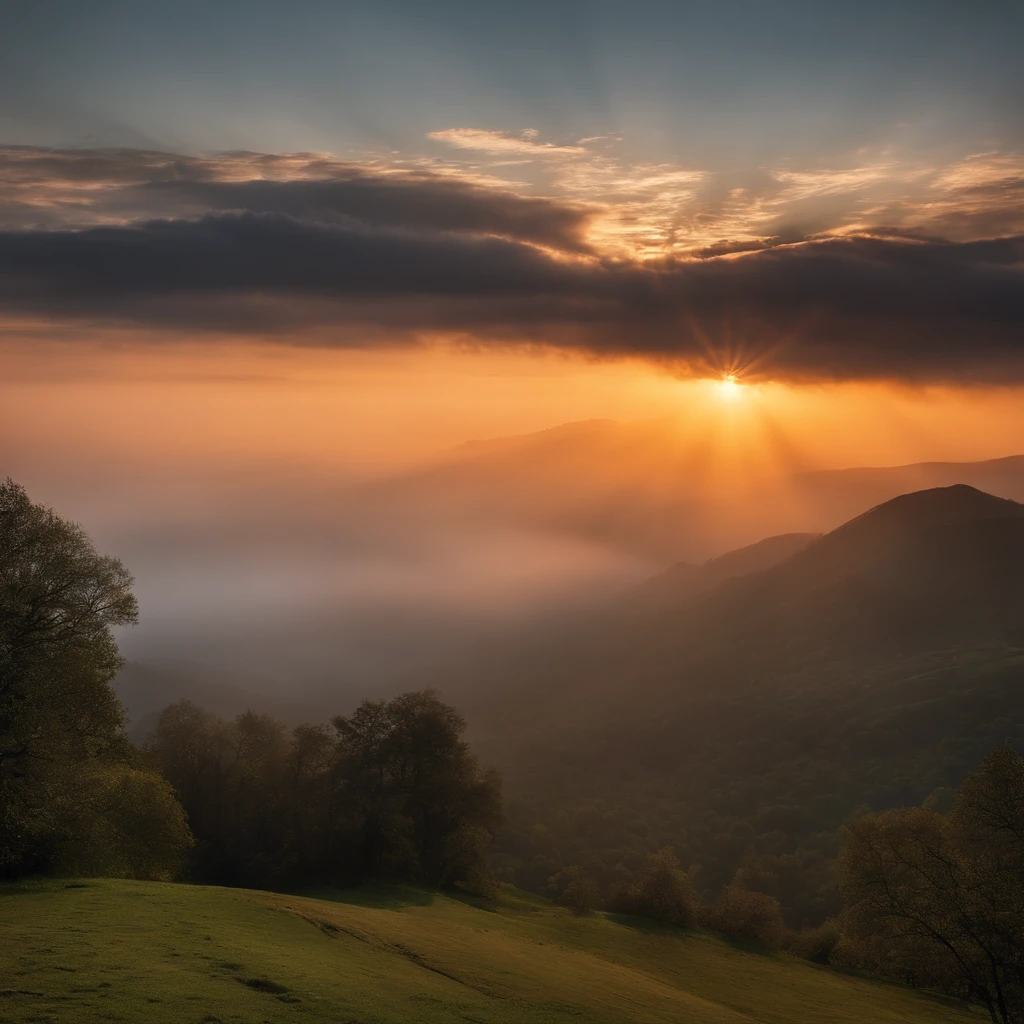 A view of a sunset over a valley with trees and hills - SeaArt AI