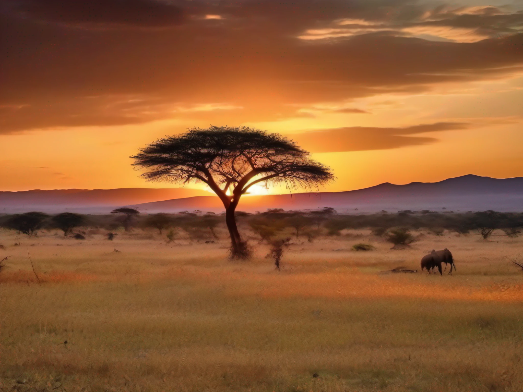 Sunset in the african savannah with a lone elephant and a lone tree ...