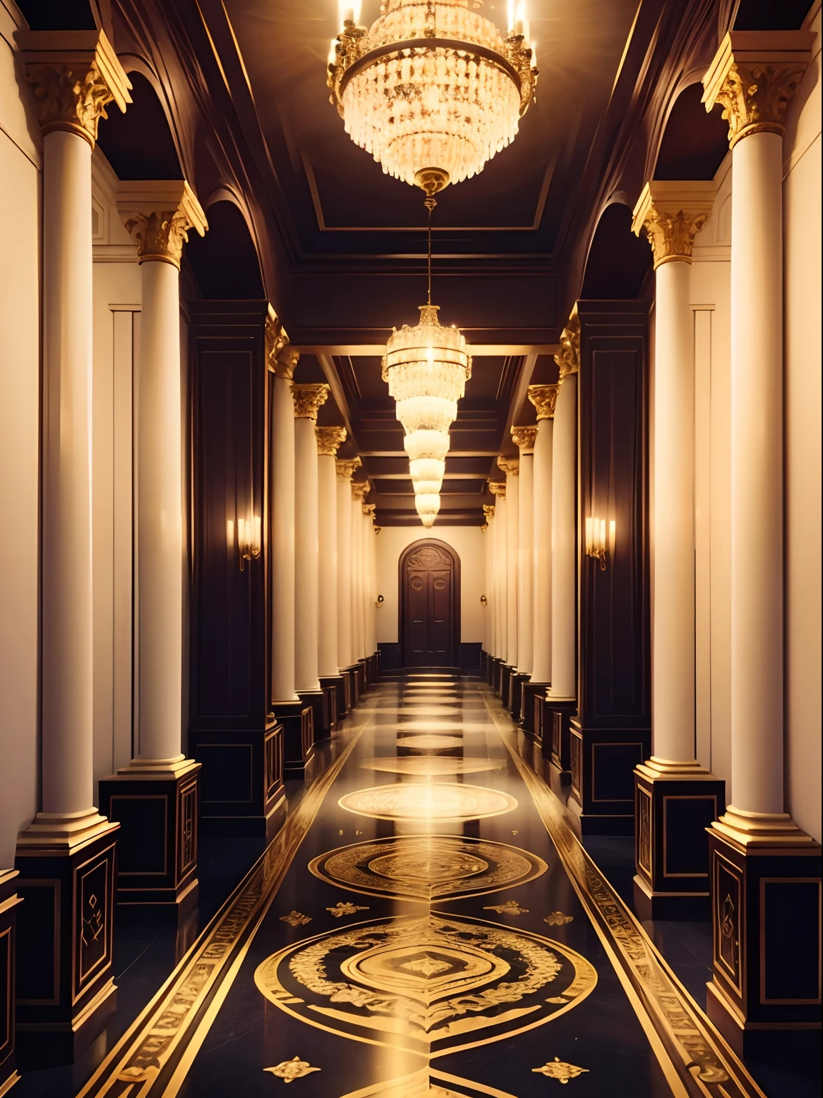 Arafed hallway with chandelier and columns and a chandelier - SeaArt AI