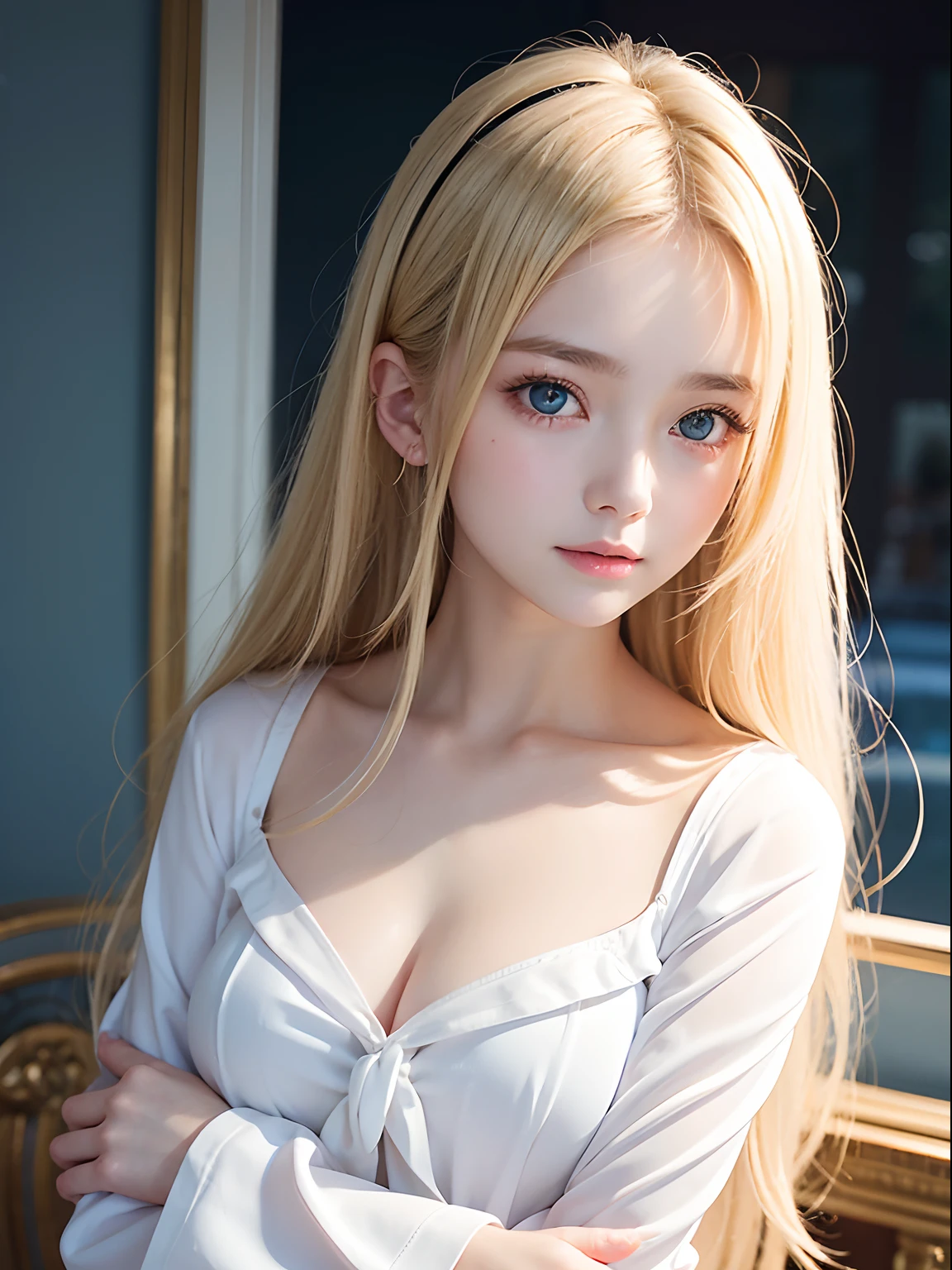A close up of a woman with long blonde hair wearing a white shirt - SeaArt AI