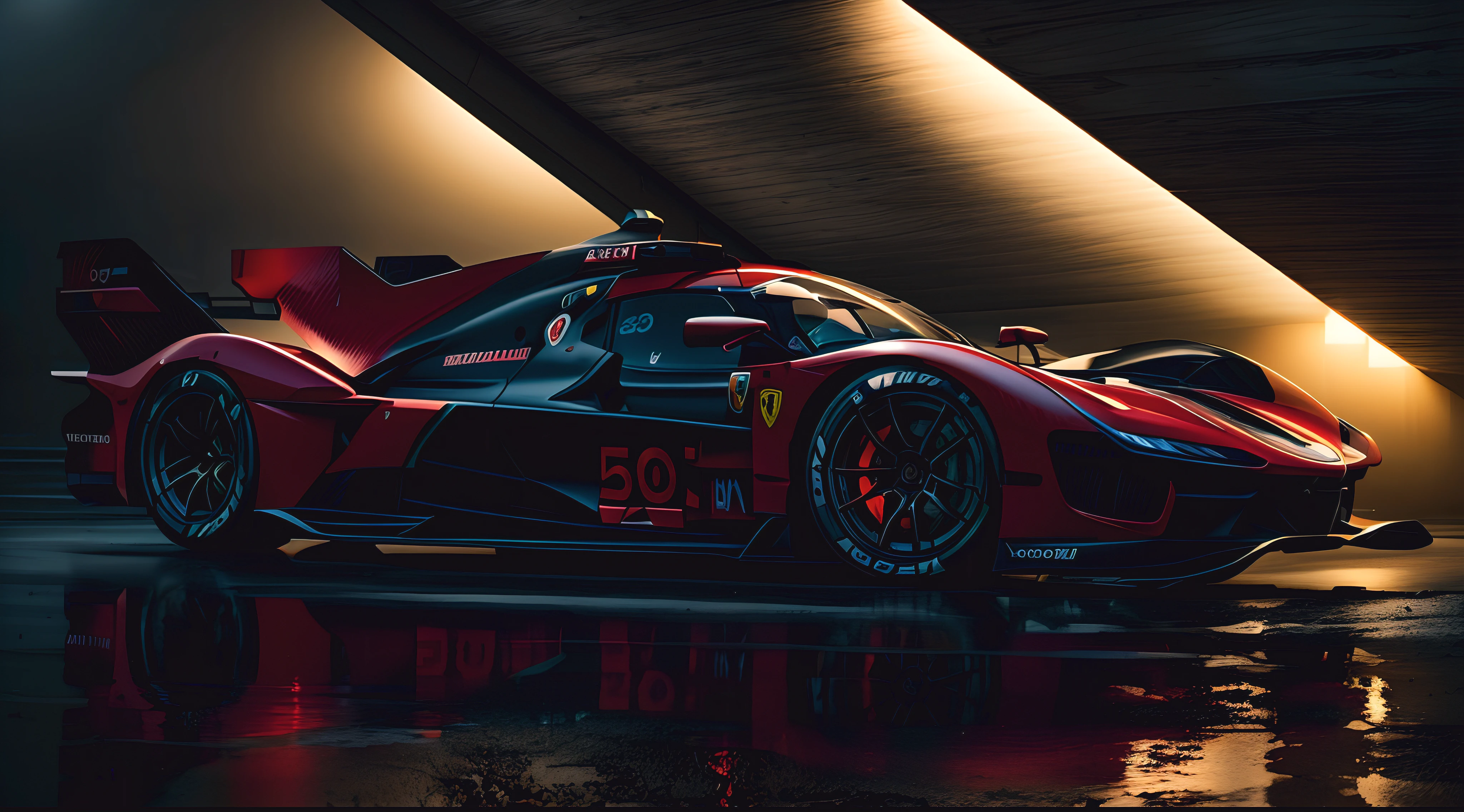 A red ferrari car is parked in a dark tunnel - SeaArt AI
