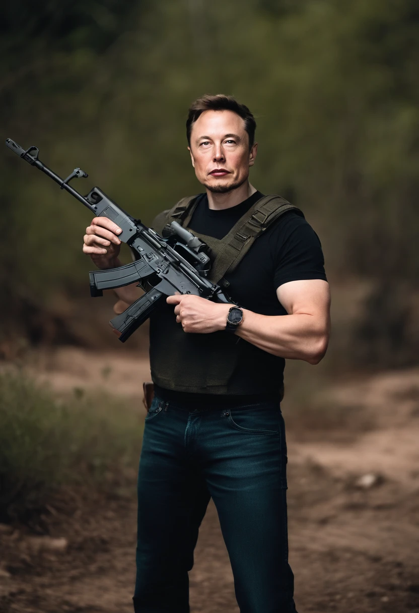 A man holding a gun in his hand while standing on a dirt road - SeaArt AI