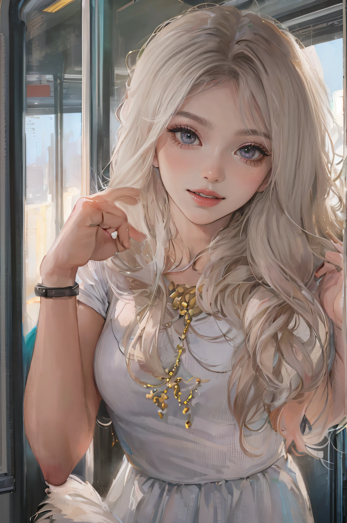 A woman with long blonde hair and a necklace on her neck - SeaArt AI
