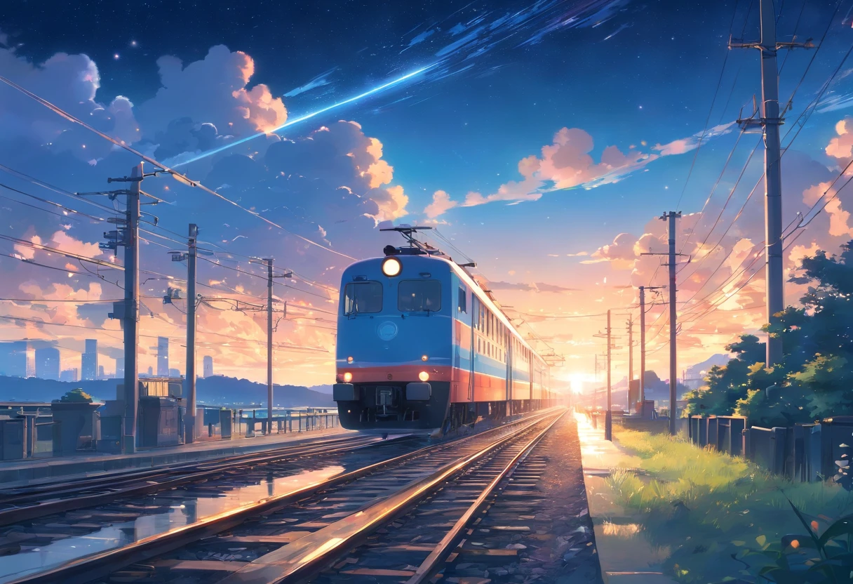 Anime train on tracks with sunset in background - SeaArt AI