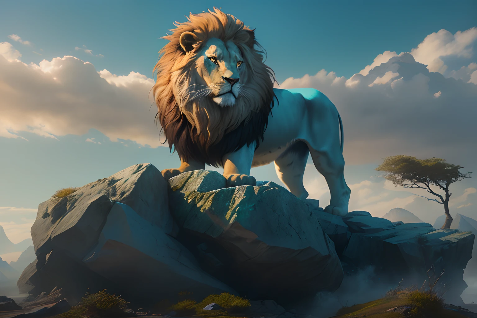 A close up of a lion standing on a rock in a field - SeaArt AI