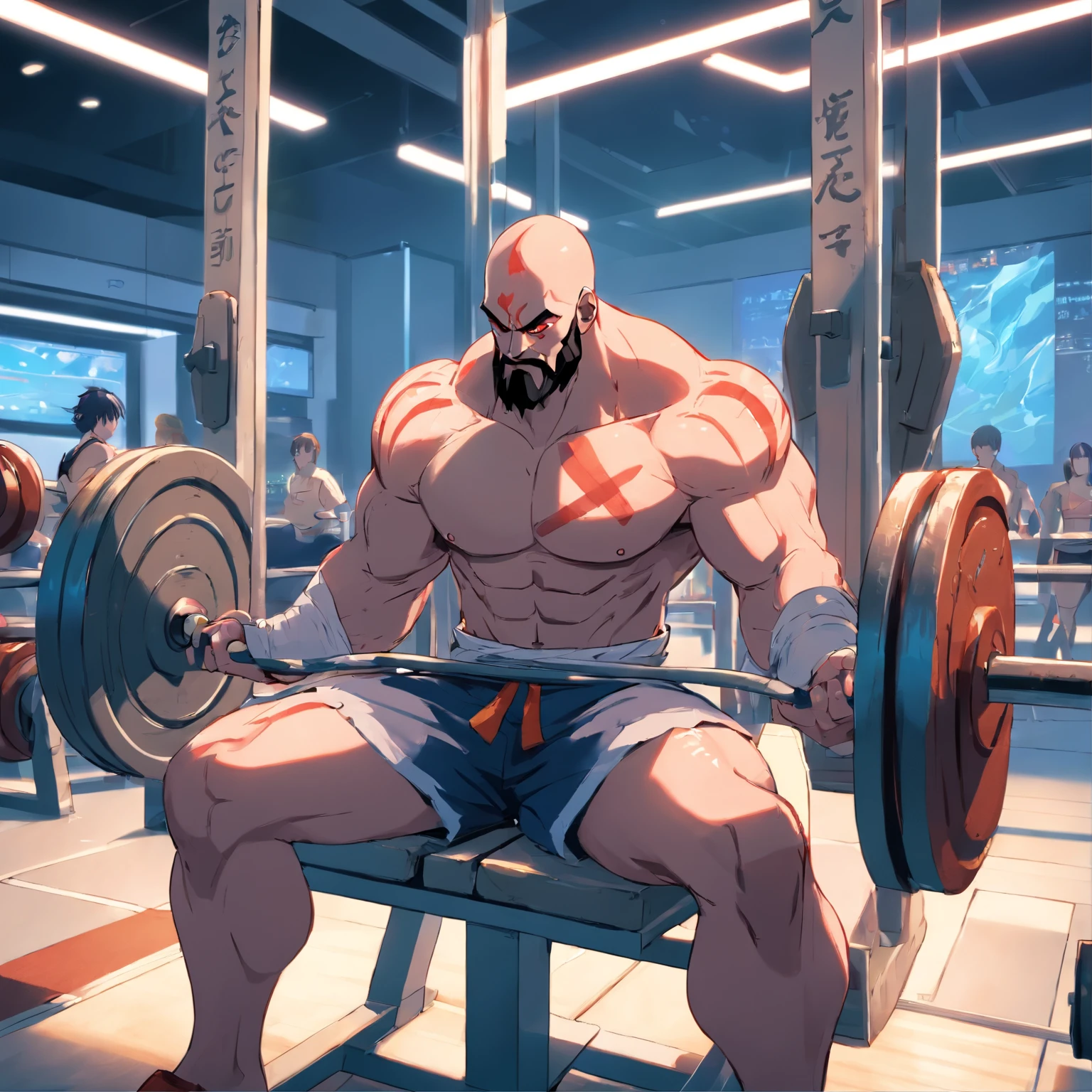 A close up of a man sitting on a bench with a barbell - SeaArt AI