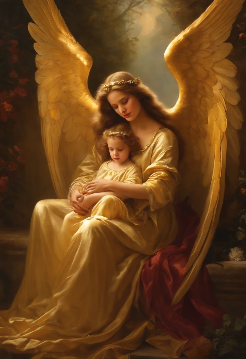 Painting of a young angel holding a fruit bowl in a forest - SeaArt AI