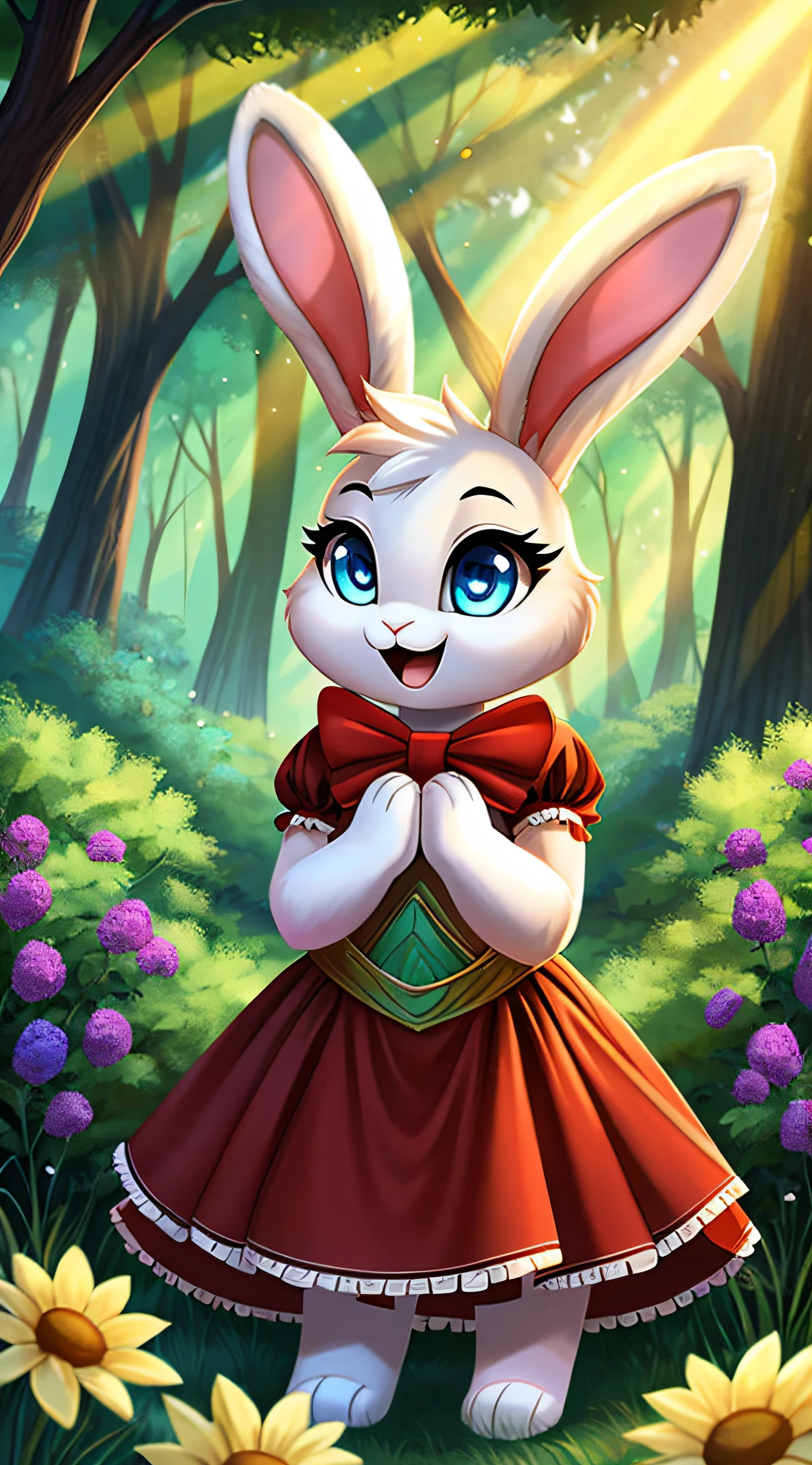 A cartoon bunny in a red dress standing in a forest - SeaArt AI