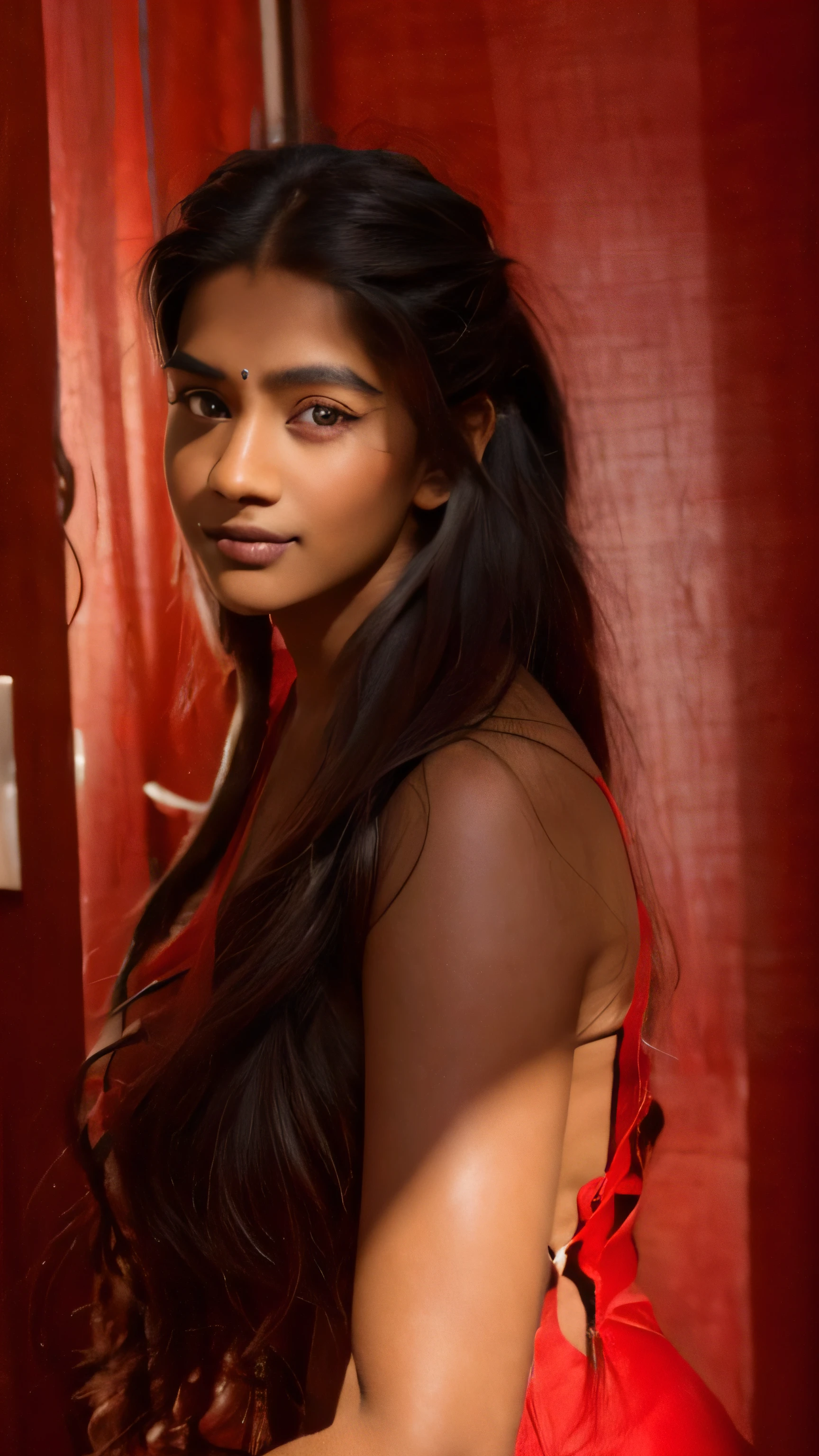 A close up of a woman in a red dress posing for a picture - SeaArt AI