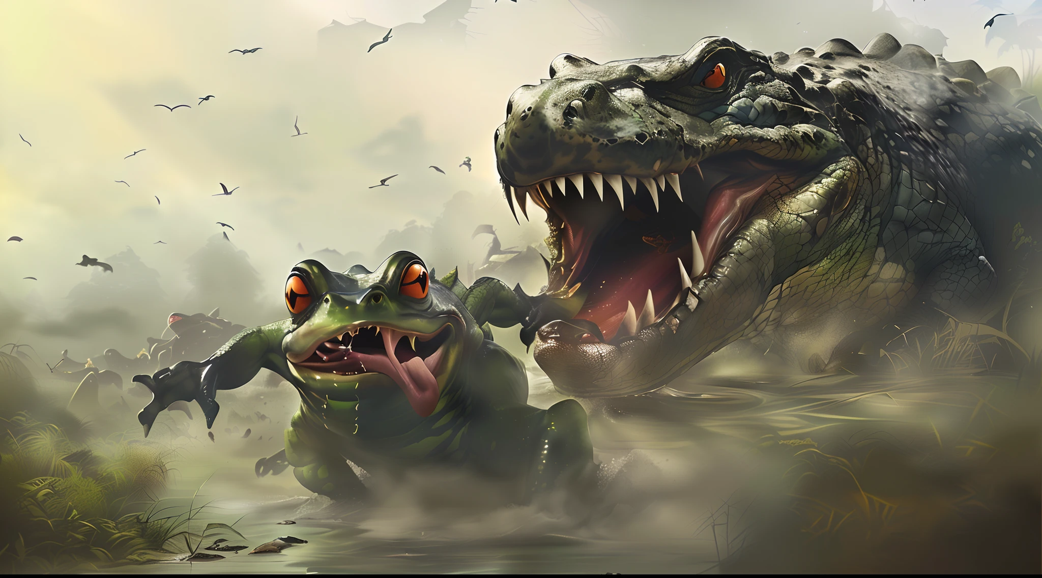 There is a large alligator and a small alligator running together ...