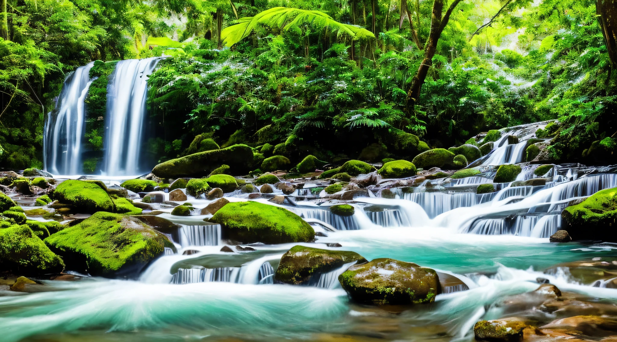 A close up of a waterfall in a lush green forest - SeaArt AI